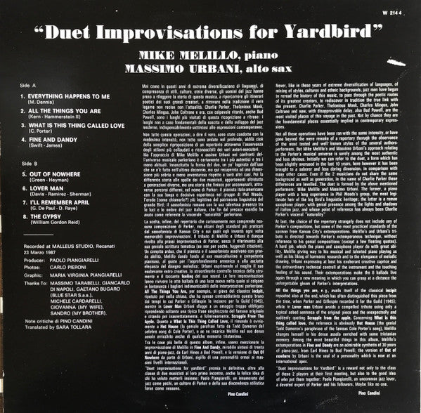 MIKE MELILLO & MASSIMO URBANI - DUETS FRO YARDBIRD - PHILOLGY 4 LP ...