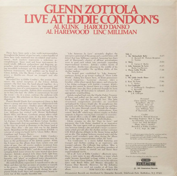 GLENN ZOTTOLA - LIVE AT CONDONS - DREAMSTREET - 105 - LP – CadNor LTD